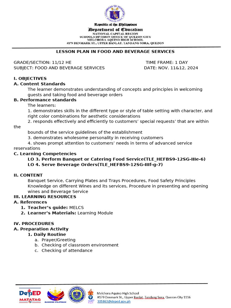 Food and Beverage Services Lesson Plan | PDF | Learning | Drink