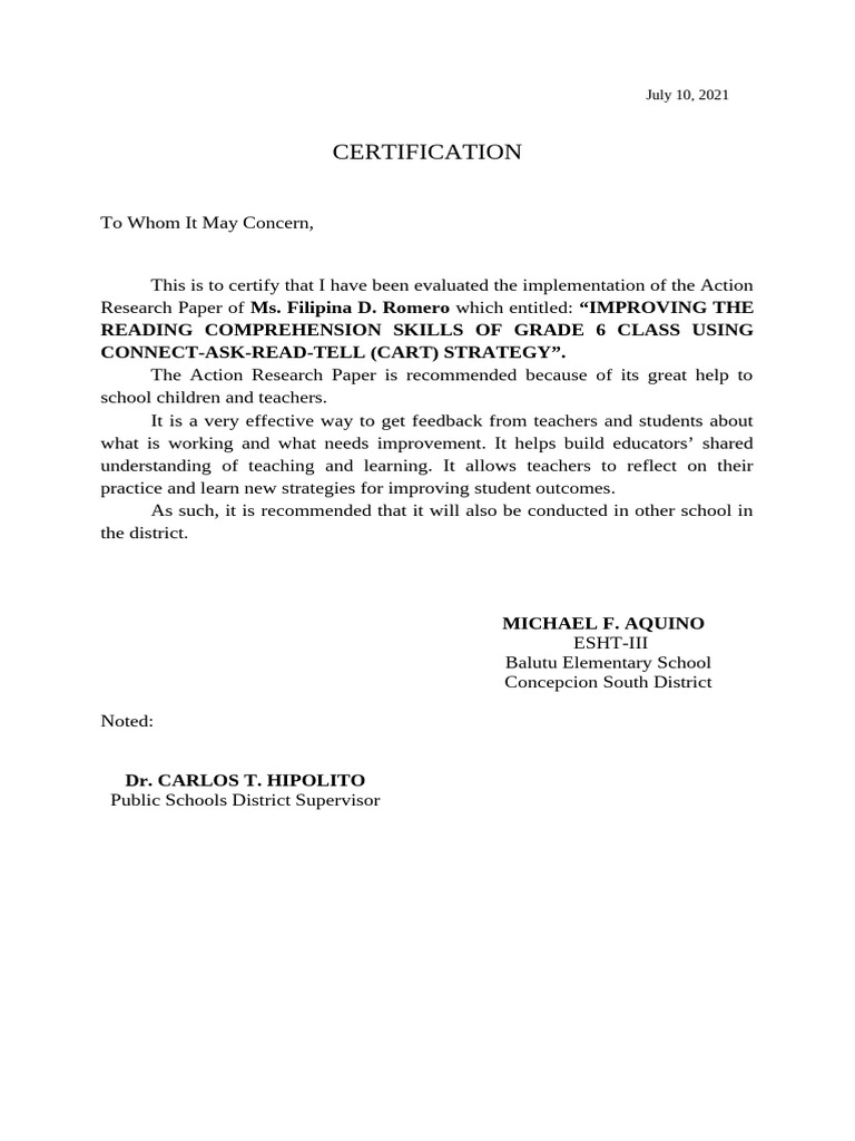 Certification of Action Research on CART Strategy | PDF