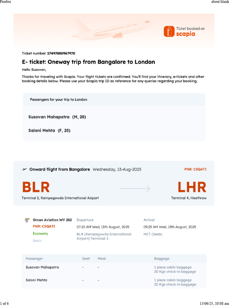 BLR To LHR, Ticket | PDF