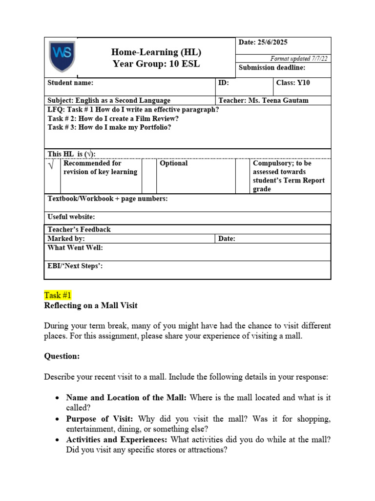 Year 10 ESL Home Learning Tasks | PDF | Human Communication | Learning