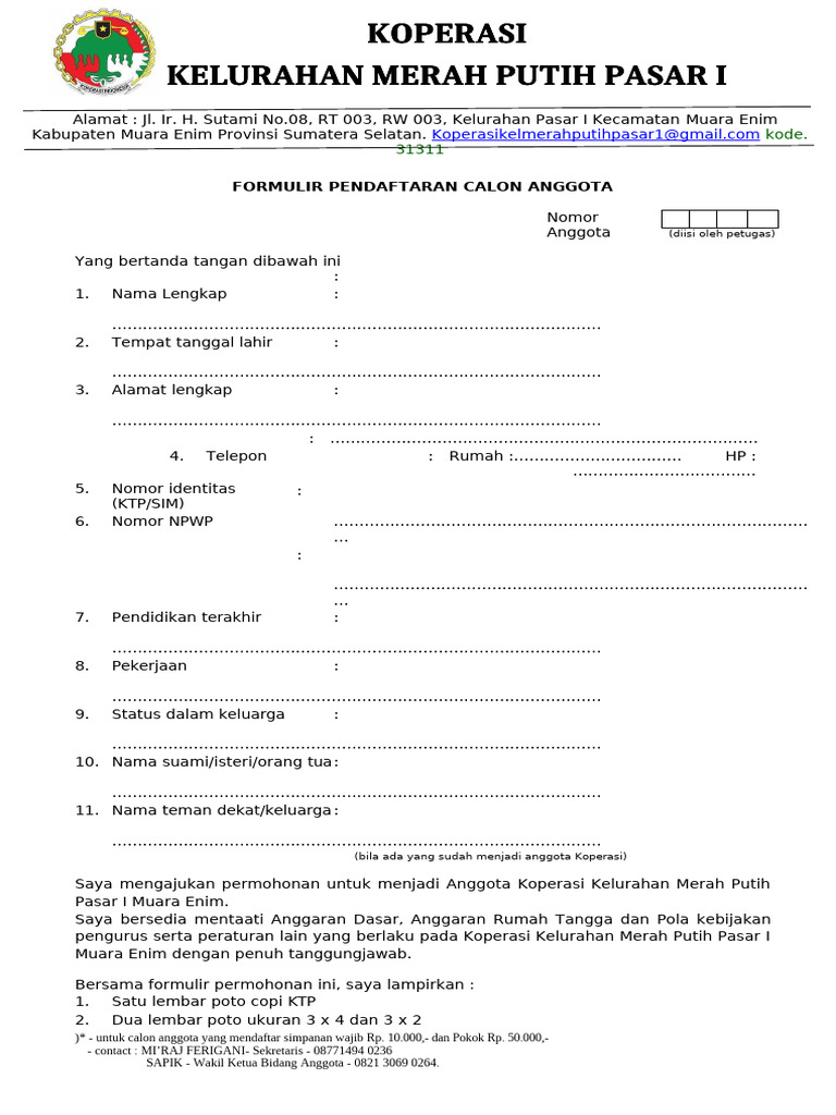 Formulir Pendaftaran Anggota Koperasi Kelurahan Merah Putih Pasar I Muara Enim | PDF
