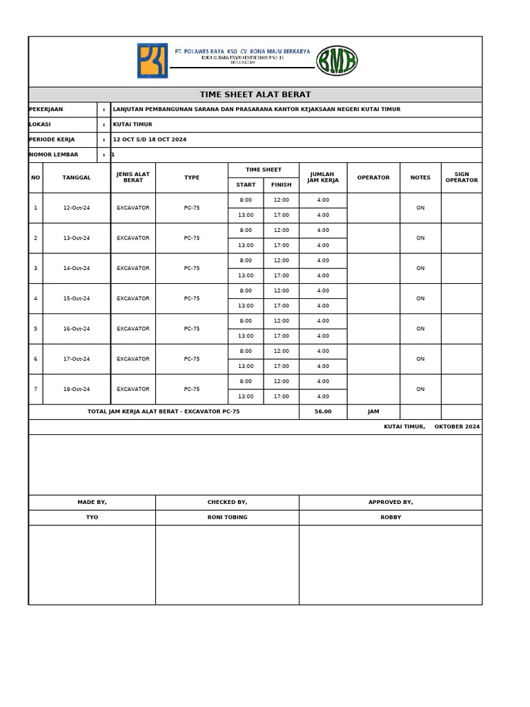 Time Sheet Alat Berat. | PDF