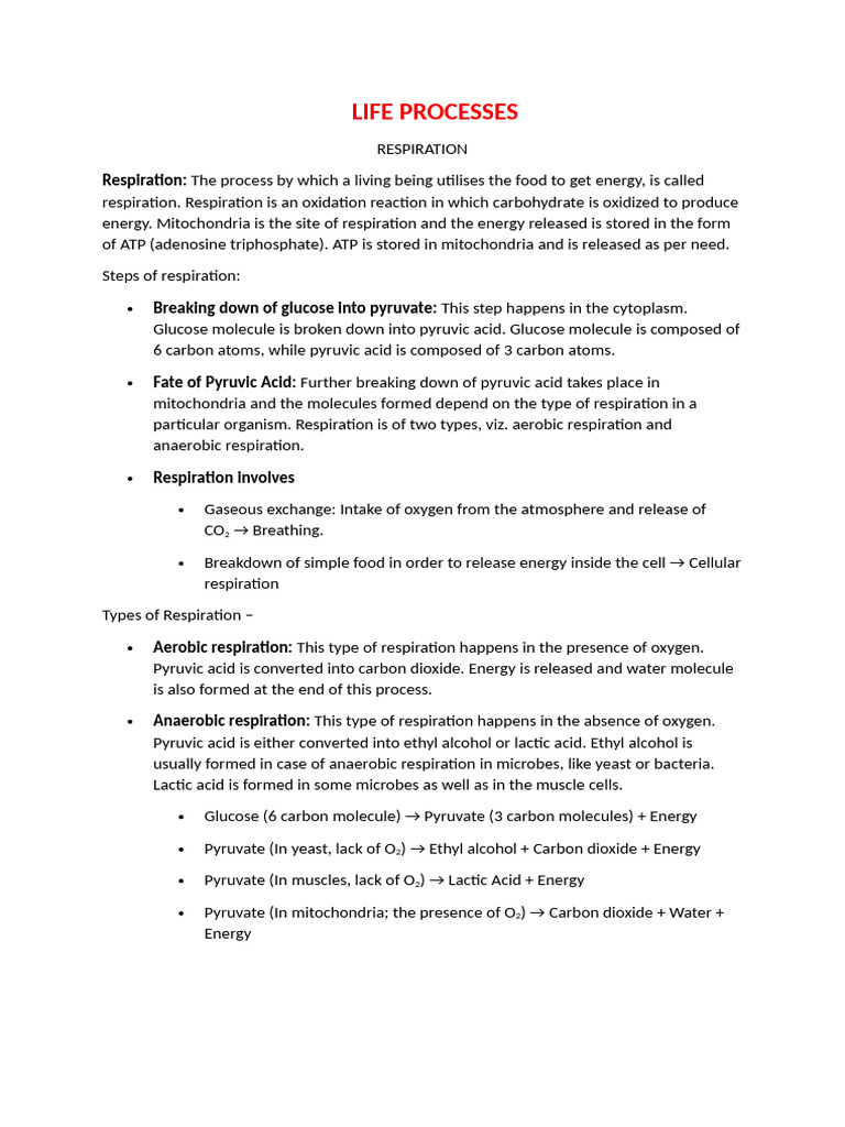 Biology - Life Processes, Respiration | PDF | Cellular Respiration ...