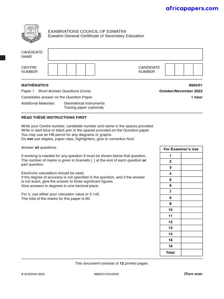 Eswatini 2022 Maths Paper 1 Exam | PDF | Significant Figures | Numbers