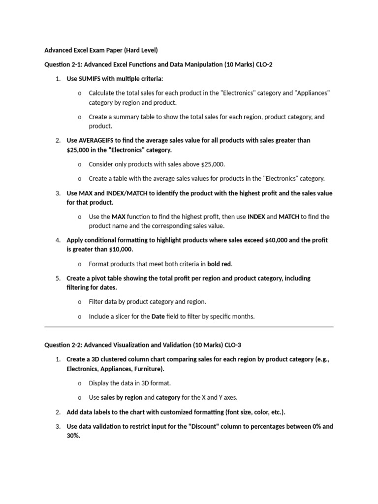 Advanced Excel Exam Paper: Hard Level | PDF | Microsoft Excel | Computing