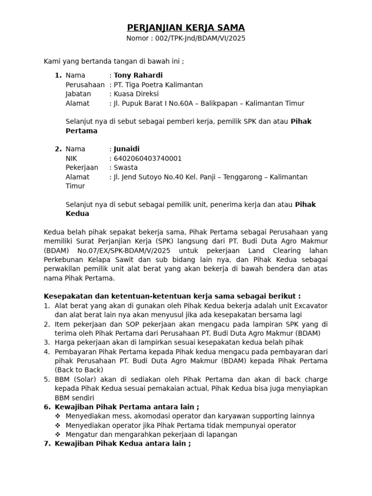 Perjanjian Kerja TPK-Junaidi | PDF