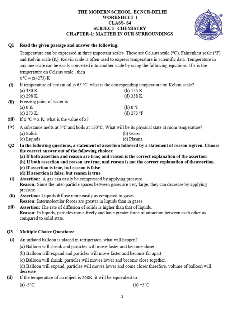 9th Class - Ch1 - Matterinoursurroundings - Asgmt1 - HW | PDF | Gases | Temperature
