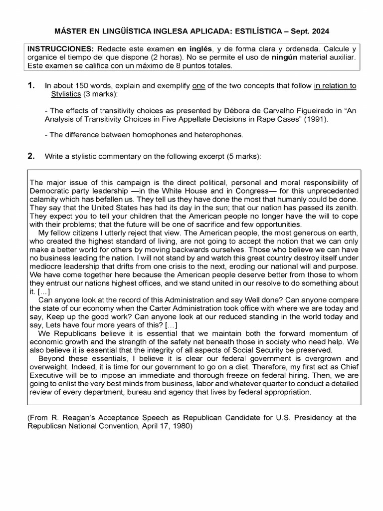 Exam on Stylistics and Transitivity | PDF | Politics Of The United ...