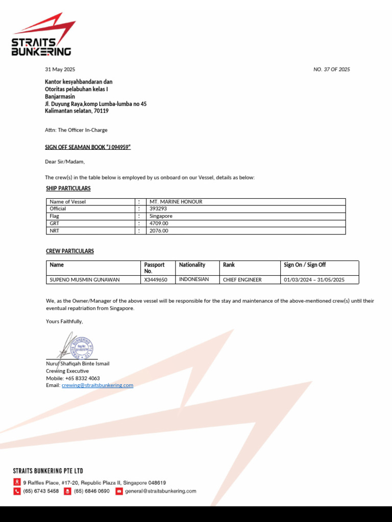 Sign Off Letter for Seaman Gunawan | PDF | Shipping
