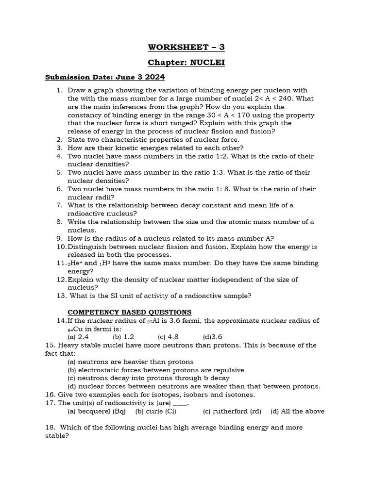Worksheet - 3 - Nuclei (2024-25) | PDF | Atomic Nucleus | Atomic Physics