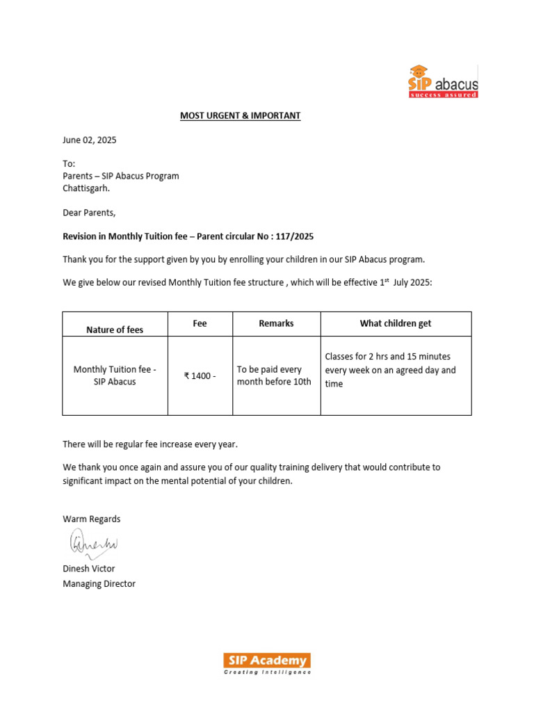 Chattisgarh - SIP Abacus Tuition Fee (Parent) Non GST Circular - 2025 ...