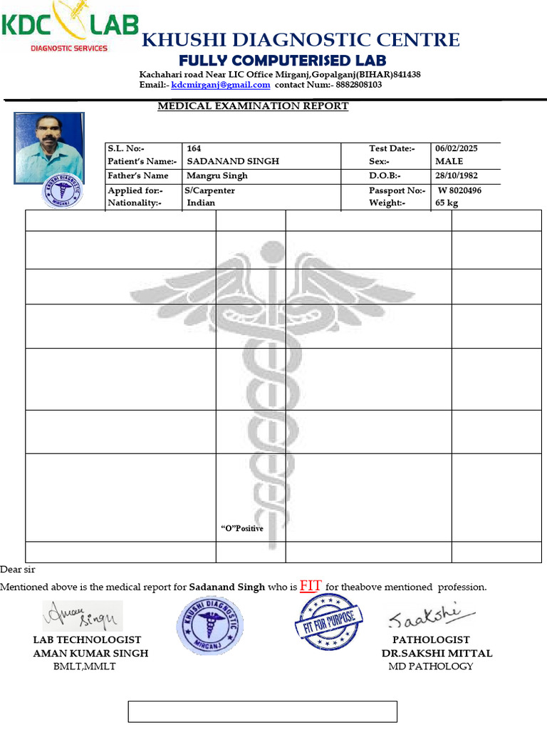 Sadanand Singh Medical Fitness | PDF | Diseases And Disorders | Clinical Medicine