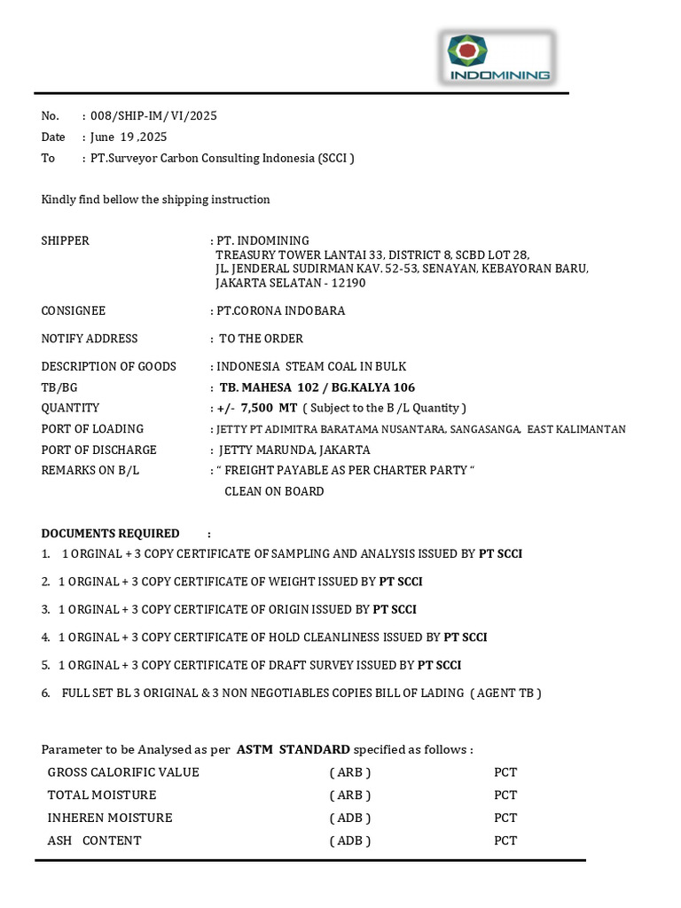 Shipping Instruction (SI) W-1 | PDF | Freight Transport