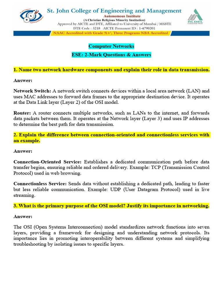 2-Mark - Questions & Answers | PDF | Osi Model | Computer Network