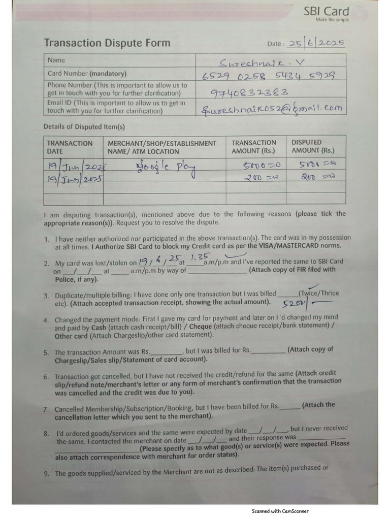 Transaction Dispute Form | PDF