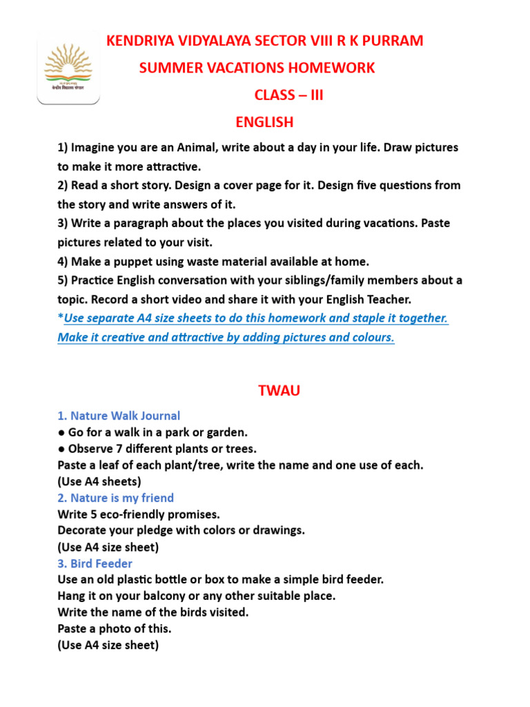 Class 3 Summer Vacations Homework | PDF | Shape | Euclidean Geometry