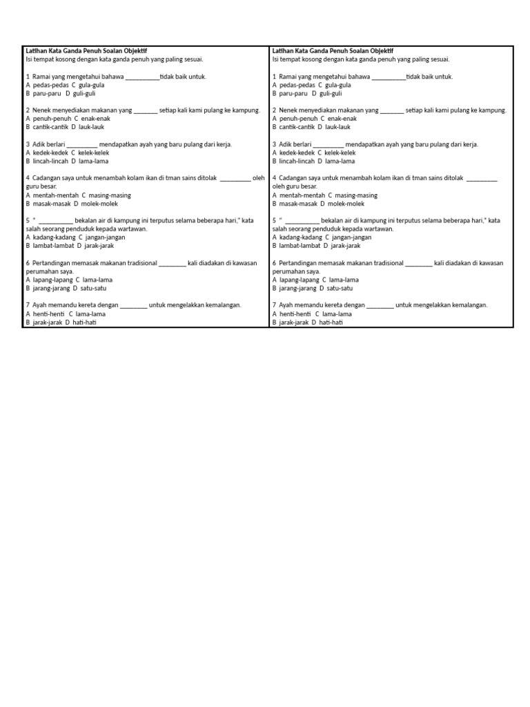 Latihan Kata Ganda Penuh Soalan Objektif | PDF