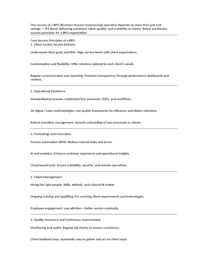 Core Success Principles of a BPO | PDF | Outsourcing | Performance ...