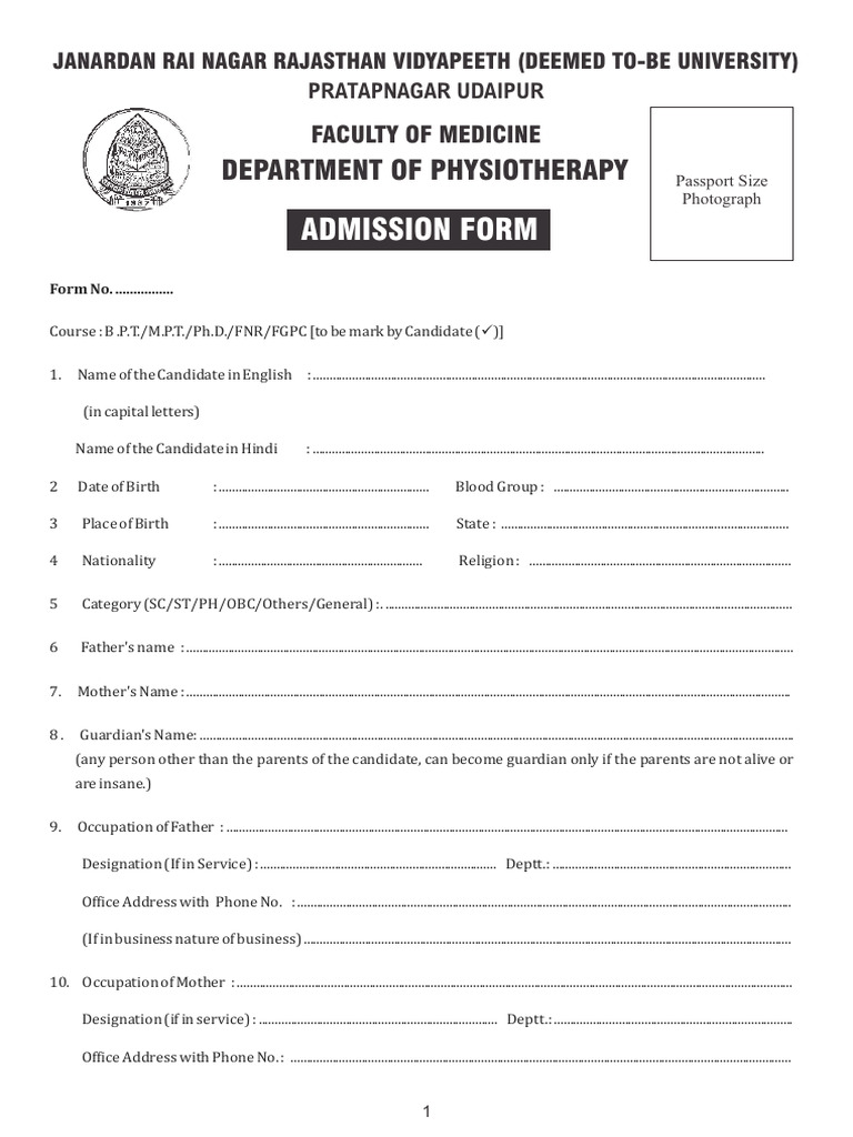 JRN Admission Form Physiotherapy | PDF