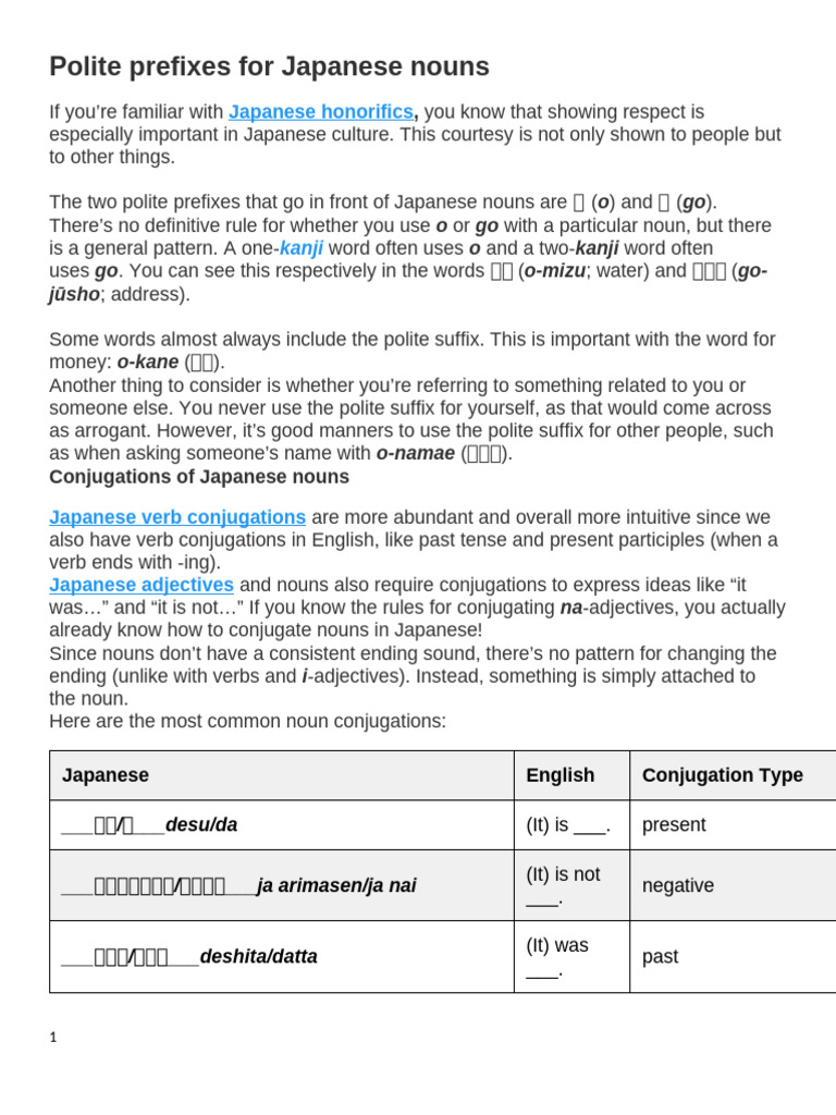 Japanese Noun Usage and Conjugation Guide | PDF | Plural | Grammatical ...