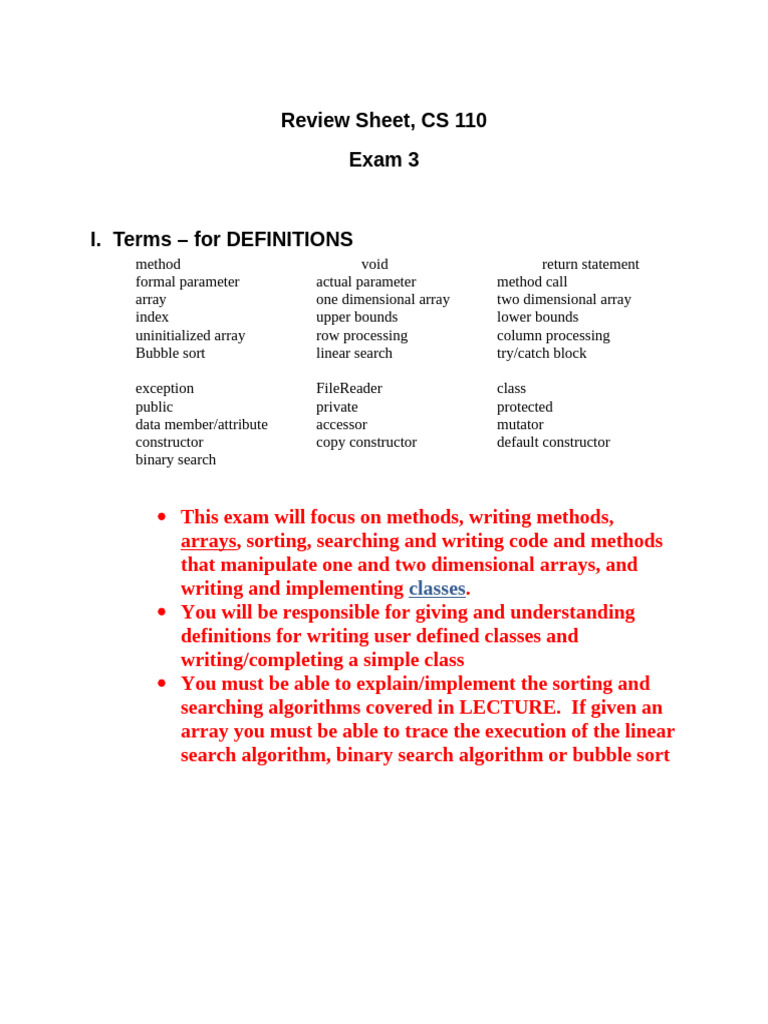 CS110 Review Guide Exam 3 | PDF | Method (Computer Programming) | Class (Computer Programming)