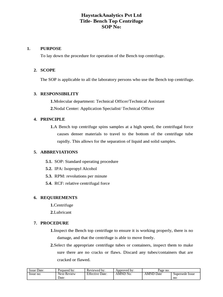 SOP Bench Top Centrifuge | PDF | Centrifuge