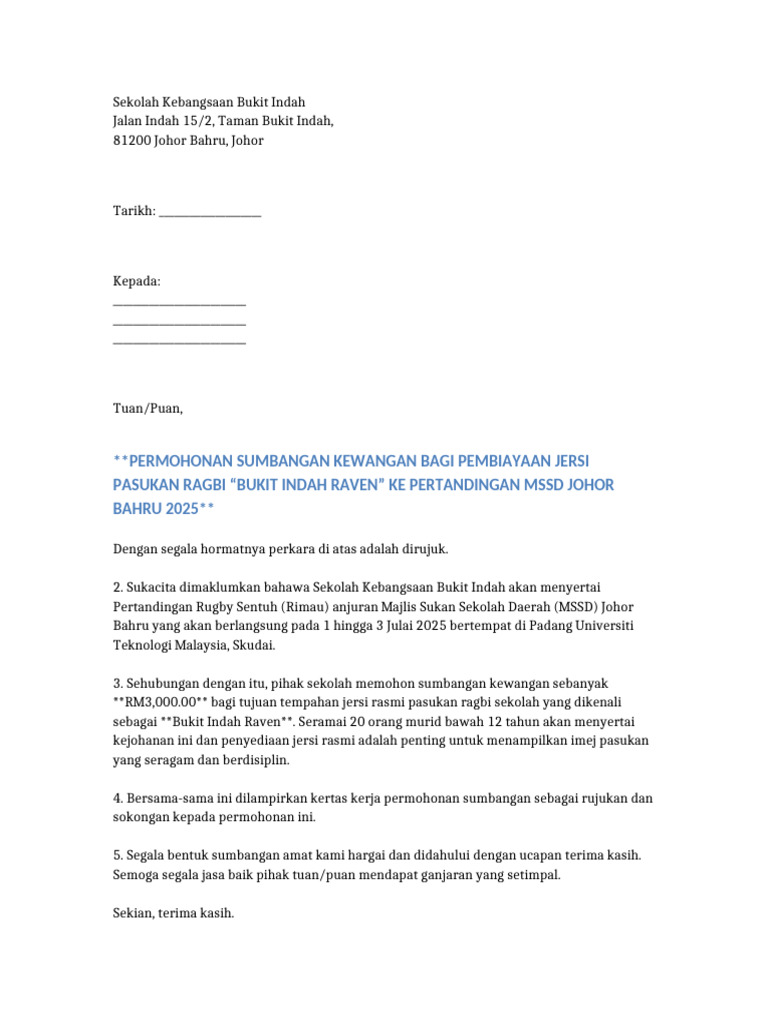 Surat Iringan Permohonan Jersi Ragbi | PDF