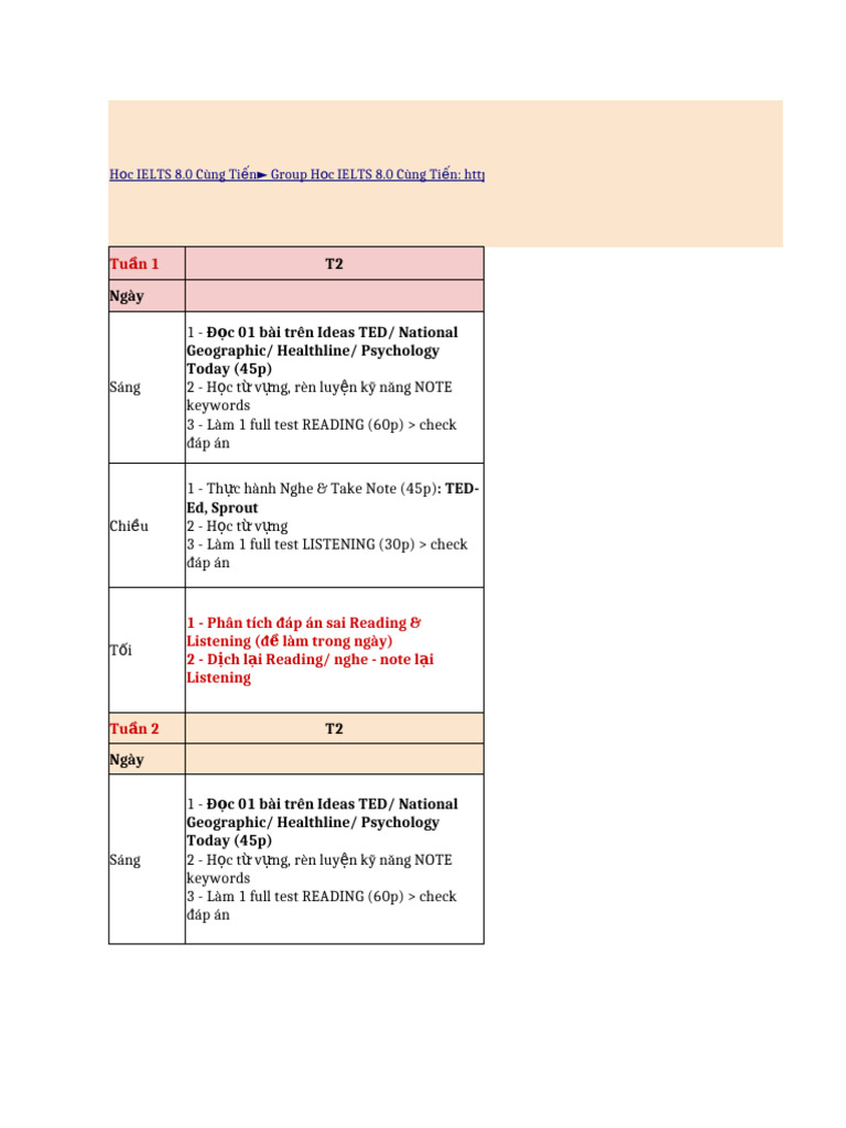 IELTS Study Plan - Học IELTS 8.0 Cùng Tiến | PDF