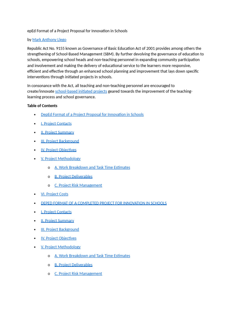 Eped Format of A Project Proposal For Innovation in Schools | PDF ...