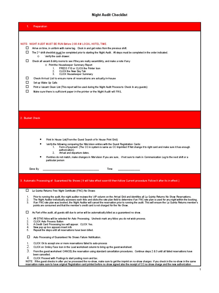 Hotel Night Audit Procedures Checklist | PDF | Credit Card | Business