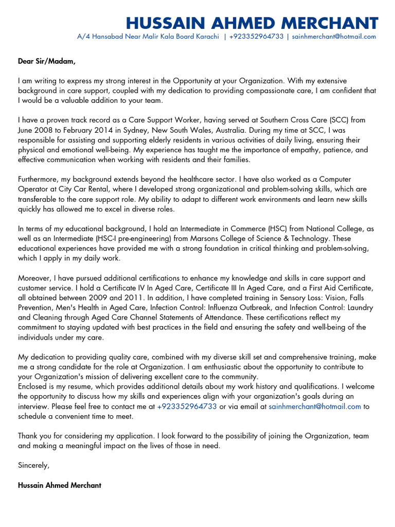 Hussain Ahmed Merchant Cover Letter 2023 | PDF