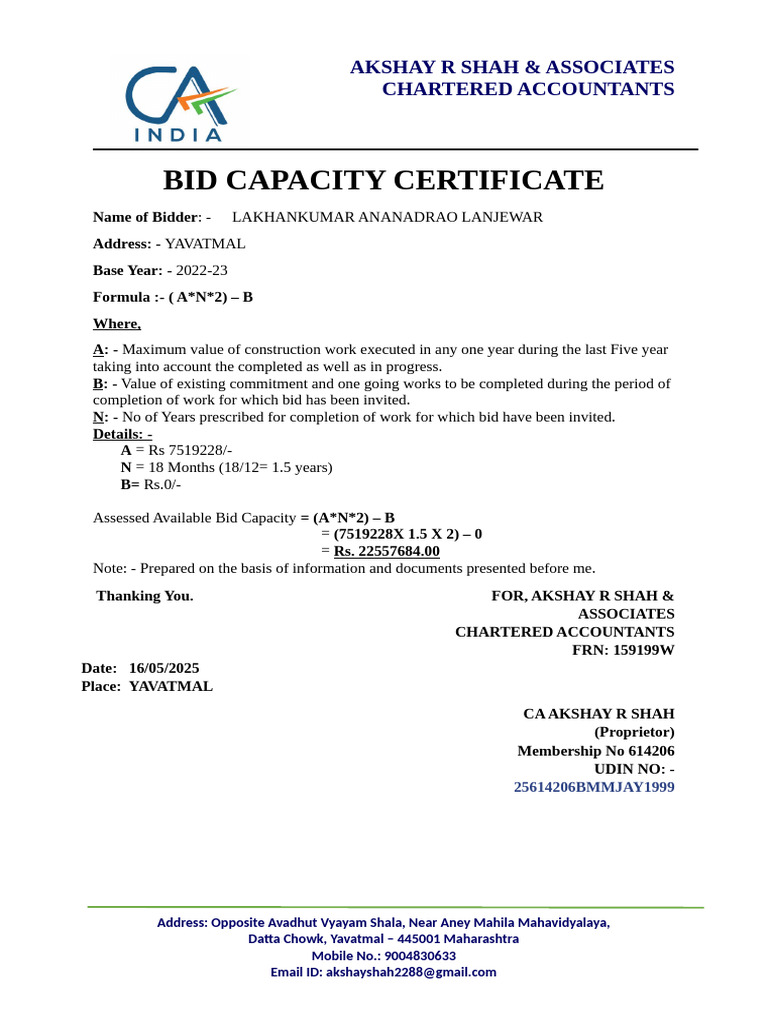 Bid Capacity Certificate New | PDF