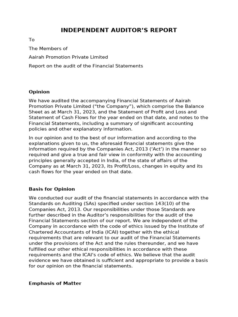 Independent Audit Report Format For PVT LTD | PDF | Audit | Going Concern