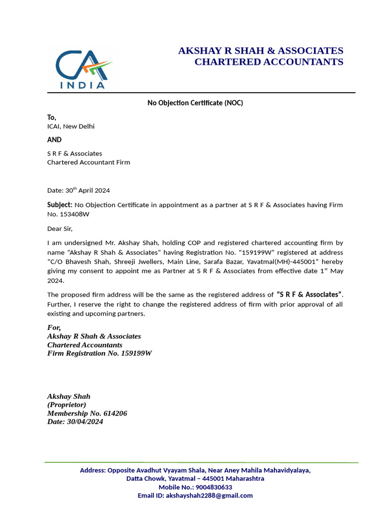 ICAI NOC for Partner Appointment | PDF