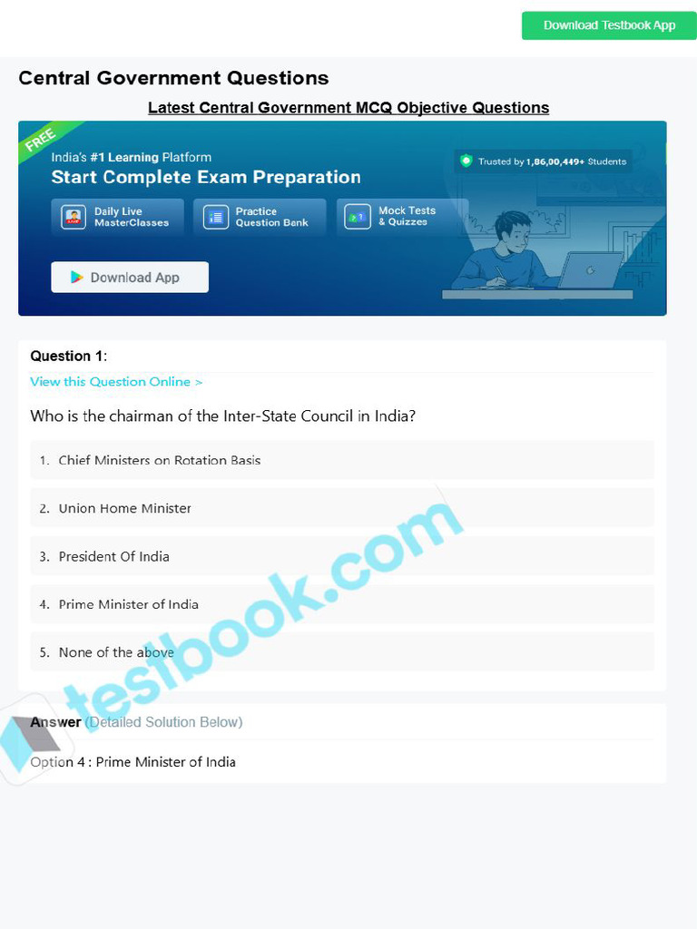 MCQ On Central Government 5eea6a1239140f30f369ecb2 | PDF