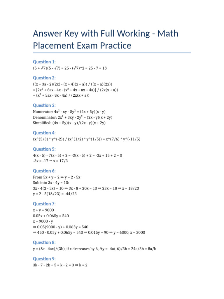 Math Placement Exam Answer Key All 40 FULL SOLUTIONS | PDF | Algebra ...