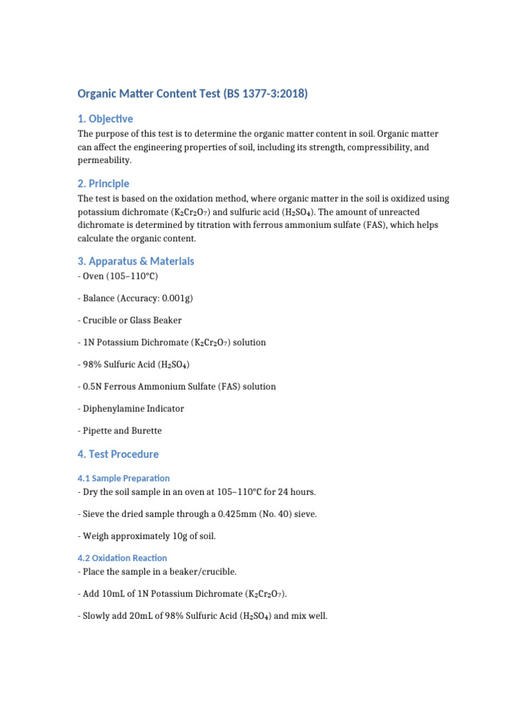 Organic Matter Content Testing in Soil | PDF