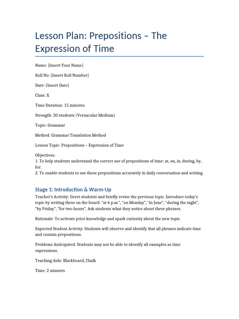 Prepositions of Time Lesson Plan | PDF | Worksheet | Linguistics