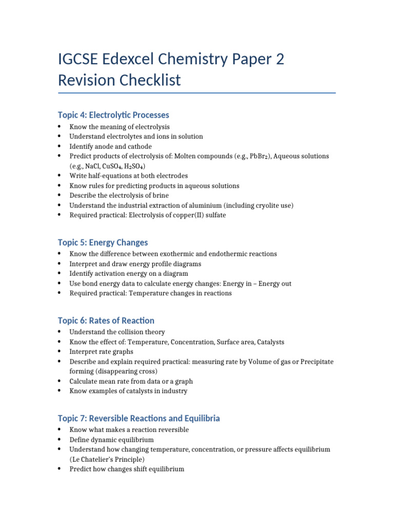 Igcse Chemistry Paper 2 Checklist | PDF