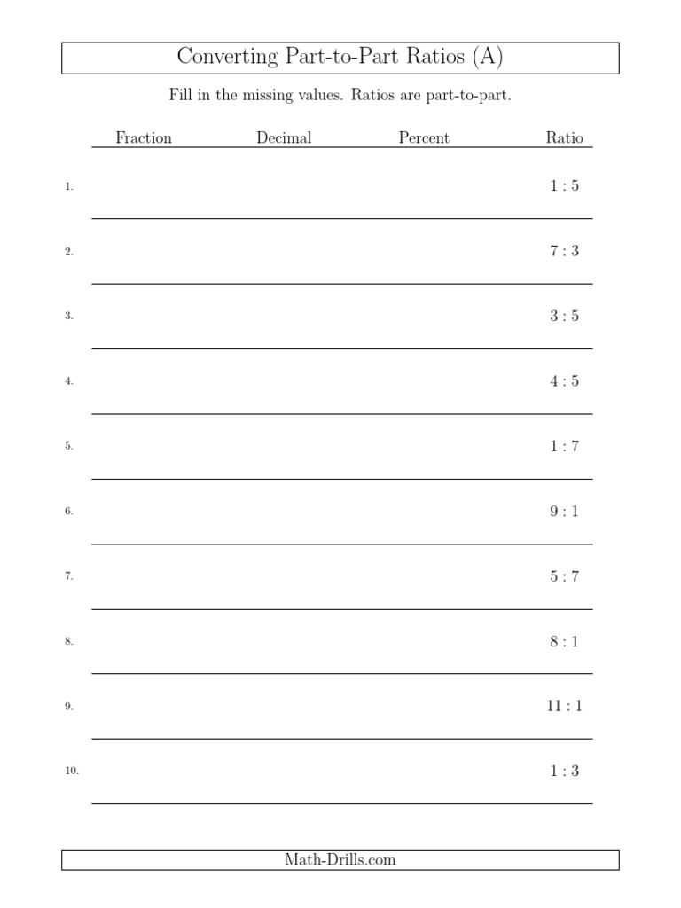 Decimals Worksheet - Converting From Part-To-Part Ratios To Fractions ...