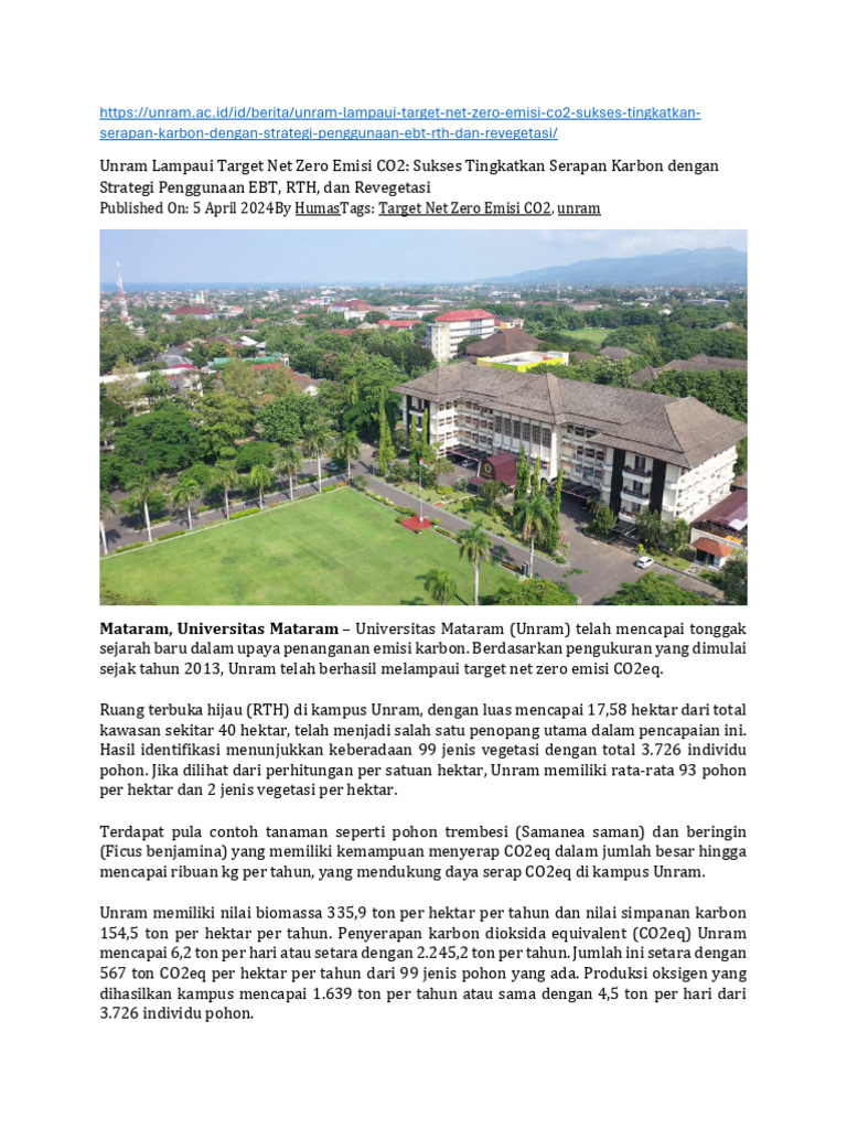 Unram Capai Net Zero Emisi CO2 2024 | PDF