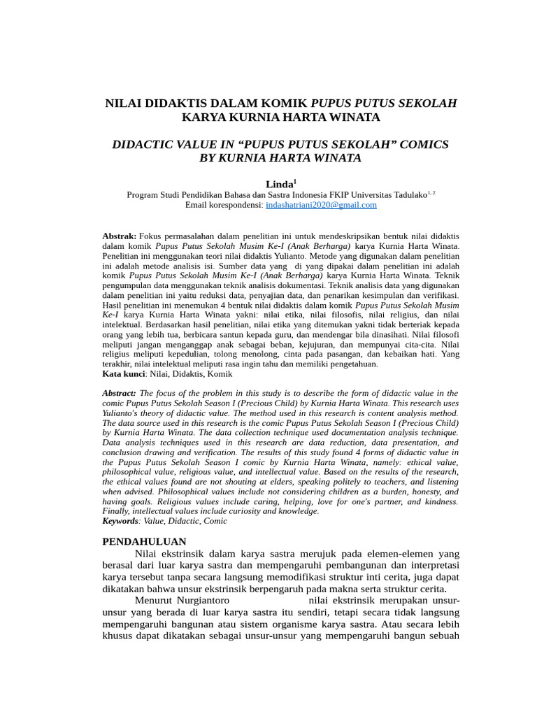 Didactic Value in "Pupus Putus Sekolah" Comics by Kurnia Harta Winata | PDF