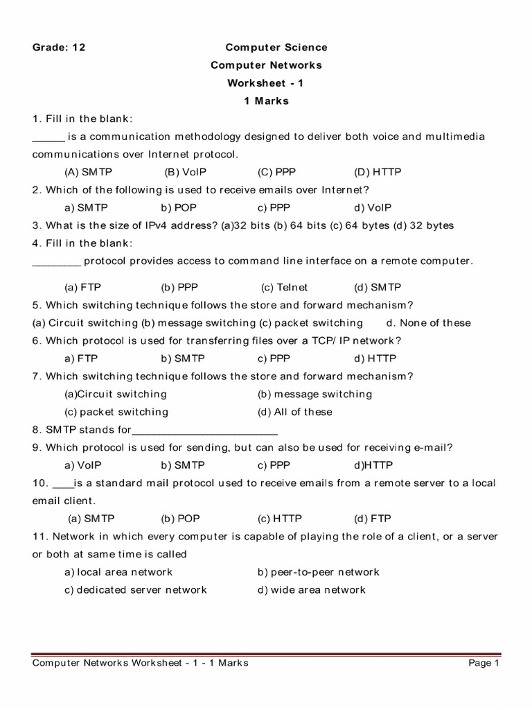 6 Computer Network - Worksheet 1 - 1 Marks - 250525 - 121332 | PDF