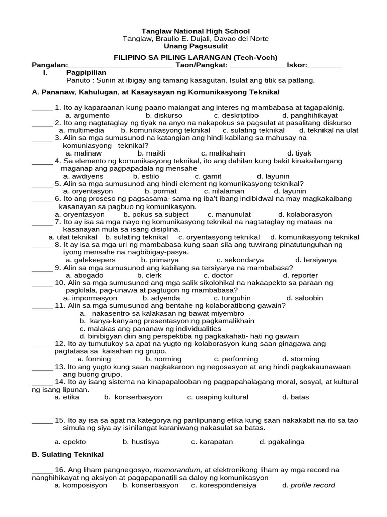 Filipino Sa Piling Larangan Tecvoc 1st Grading | PDF