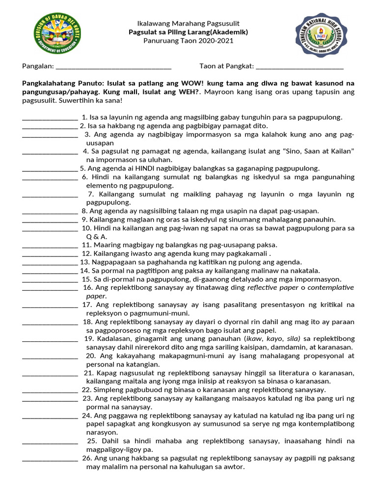 Second Quarter Exam For Piling Larang Academic 2020-2021 | PDF