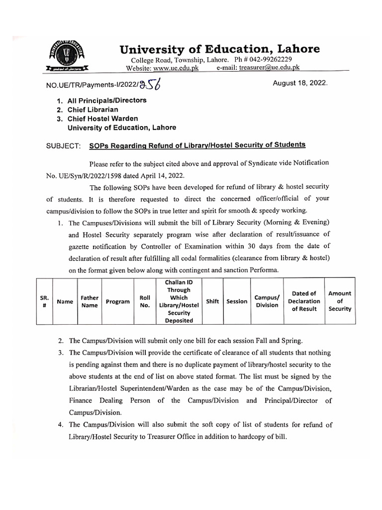 SOPs For Refund of Library & Hostel Security of Students | PDF