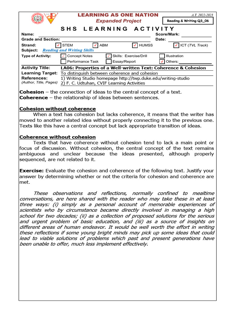 RW LAS 6 Properties of A Well-Written Text - Coherence - Cohesion | PDF ...