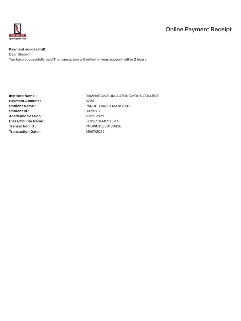 Online Payment Receipt for FYBSC Semester I | PDF