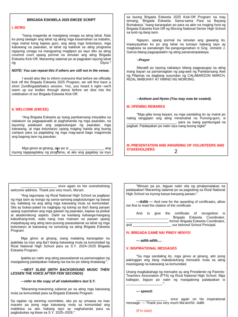 Edited - Brigada Eskwela 2025 Emcee Script | PDF