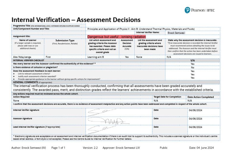 Internal Verification for BTEC Science Assessment | PDF | Signature